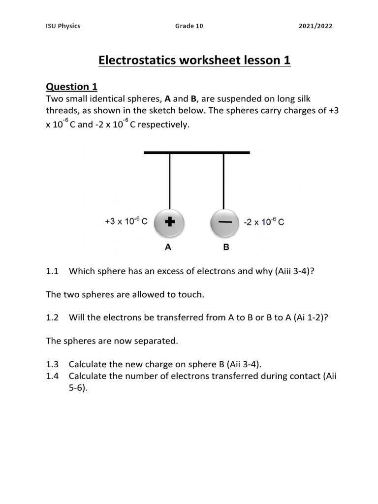 Electrostatics Worksheet Lesson 1 | PDF