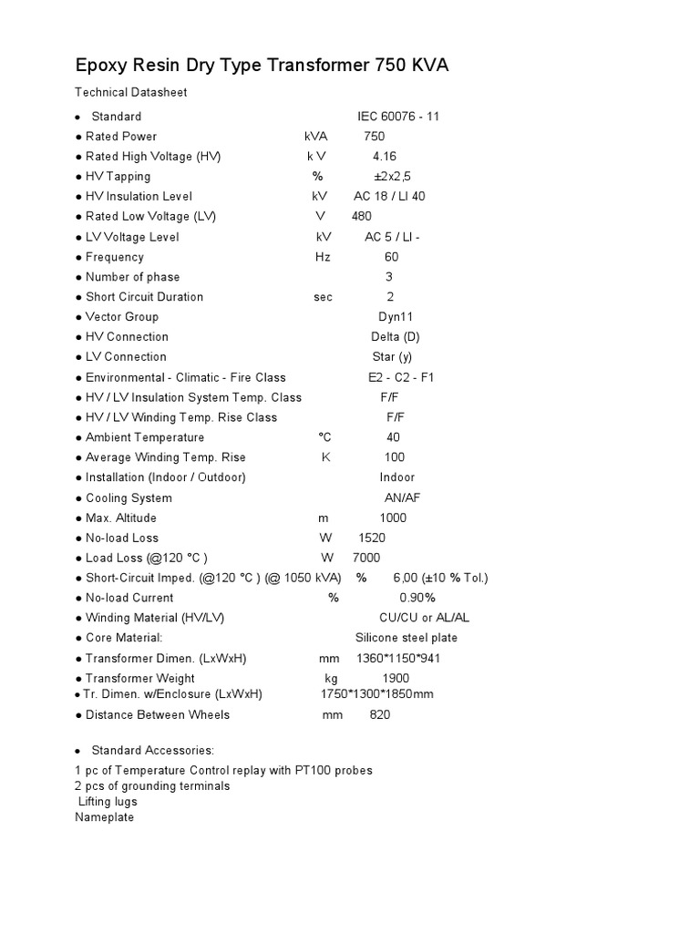 Technical Data - 750kVA-4.16kV Dry Type Transformer | PDF