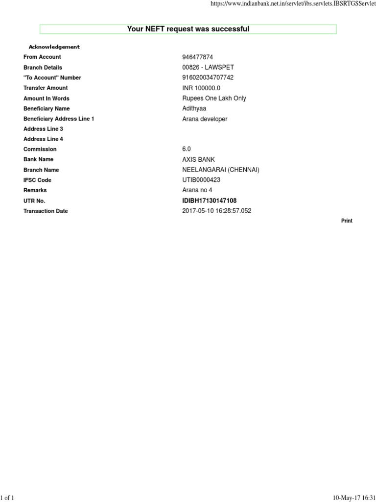 NEFT Acknowledgement for UTR IDIBH17130147108 | PDF