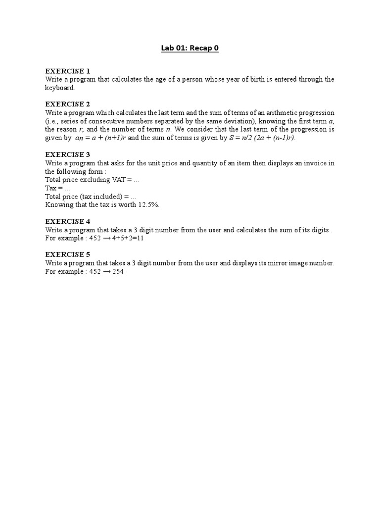 Lab 01 Introduction To Programming Exercises Calculating Ages Arithmetic Progressions Vat