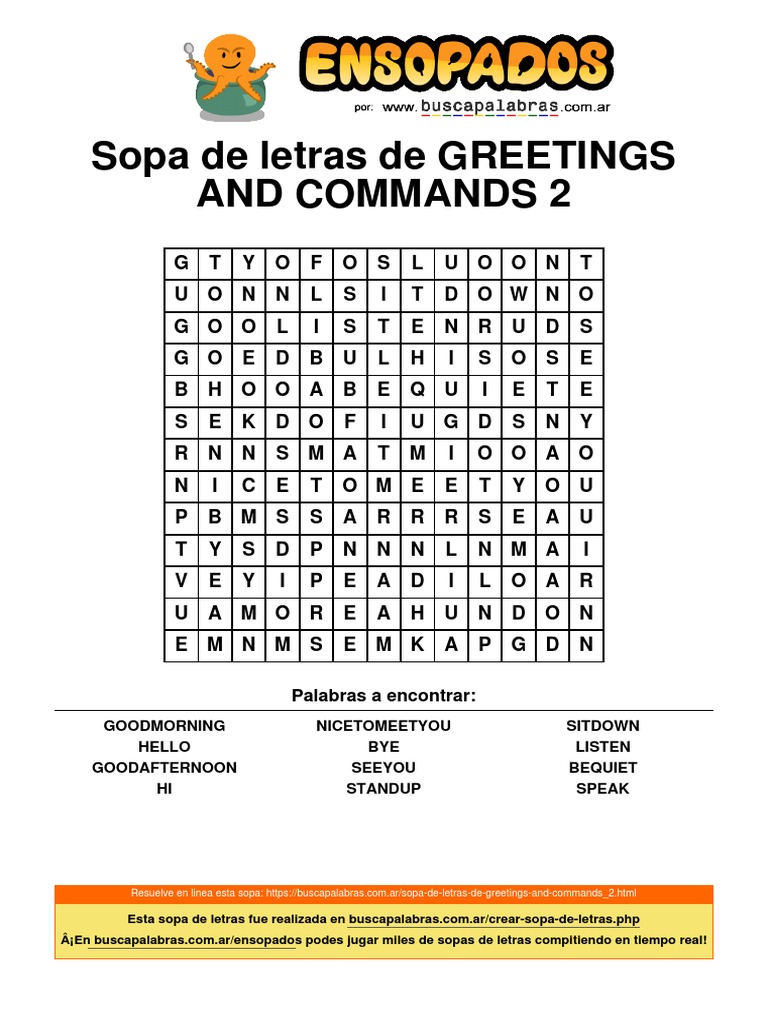 Sopa de Letras de Greetings and Commands 2 | PDF