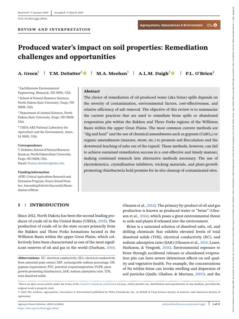 Agrosystems Geosci Env - 2020 - Green - Produced Water S Impact On Soil Properties Remediation ...