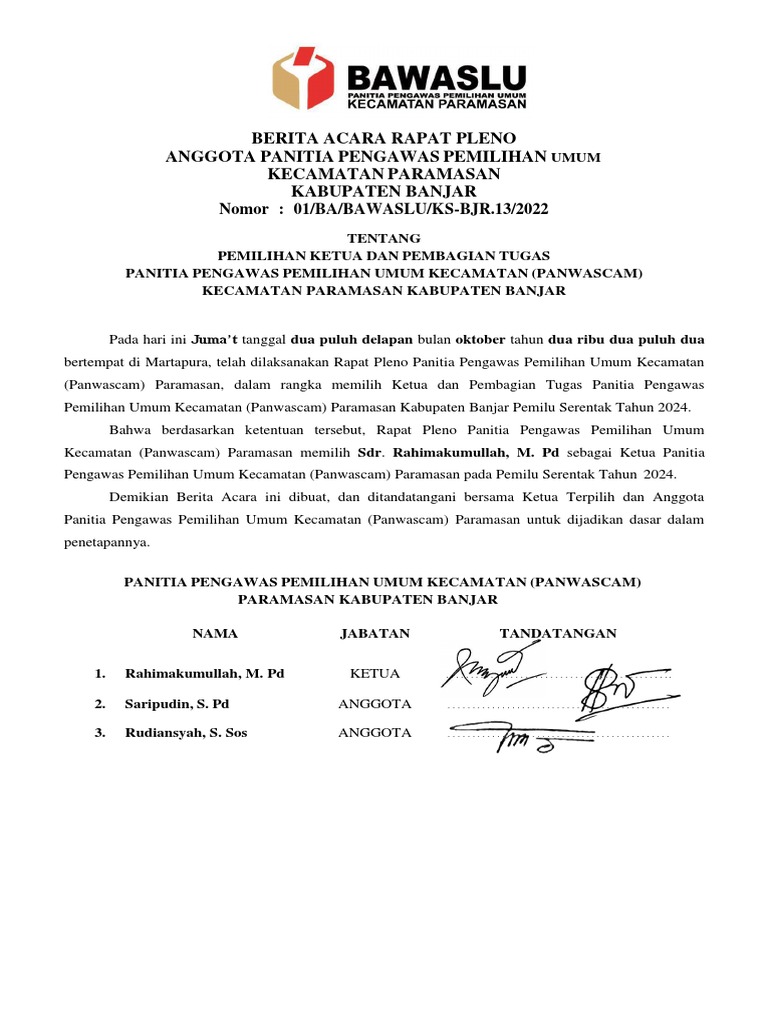 Ba Rapat Pleno Ketua Panwaslu Paramasan | PDF