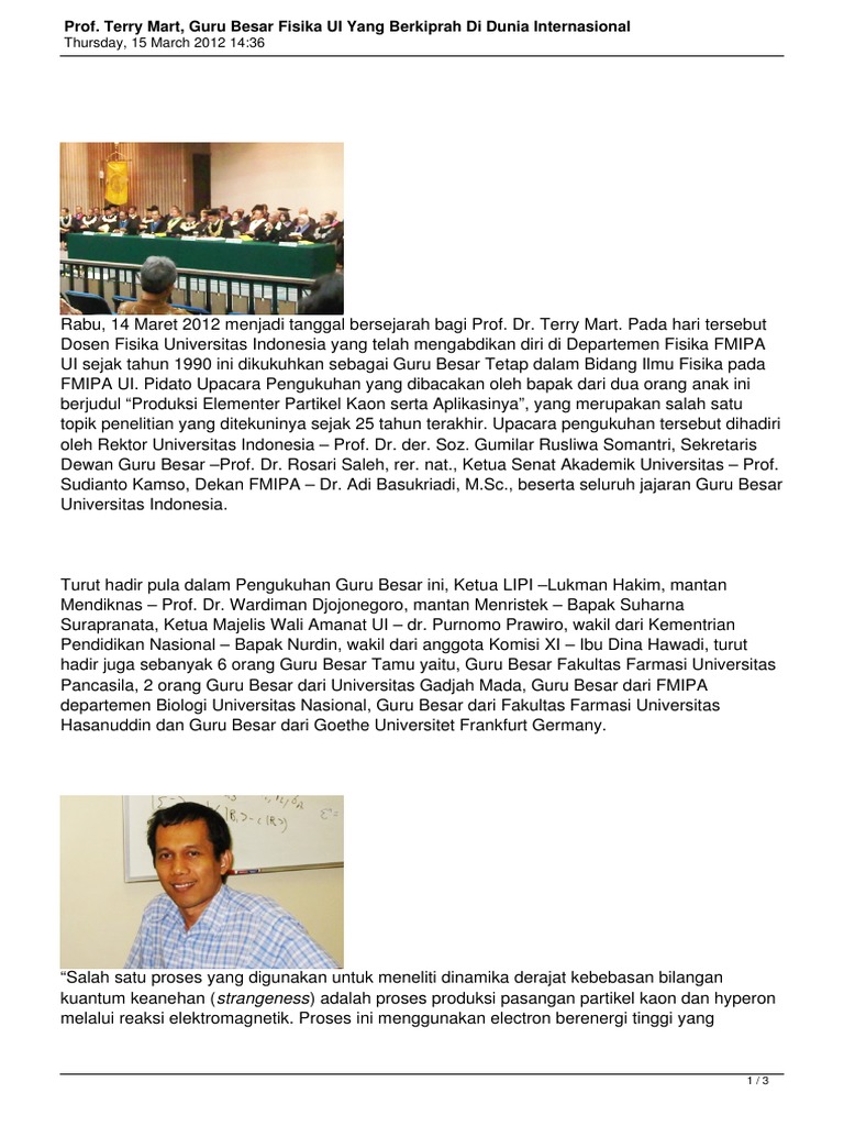 Prof Terry Mart Guru Besar Fisika Ui Yang Berkiprah Di Dunia ...