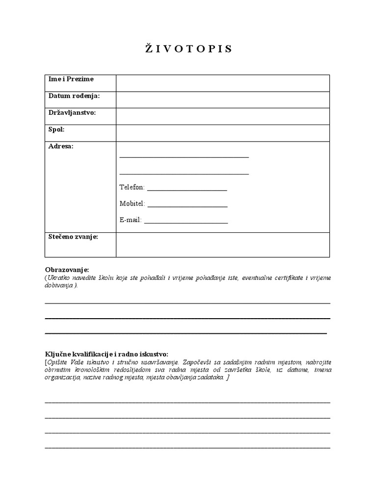 Obrazac Zivotopisa | PDF