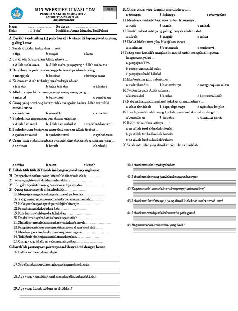 PAT PAI Kelas 1 | PDF