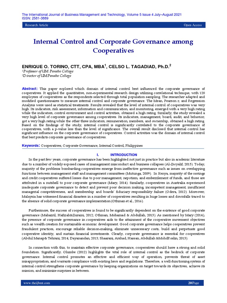 Internal Control and Corporate Governance Among Cooperatives | PDF | Internal Control | Governance