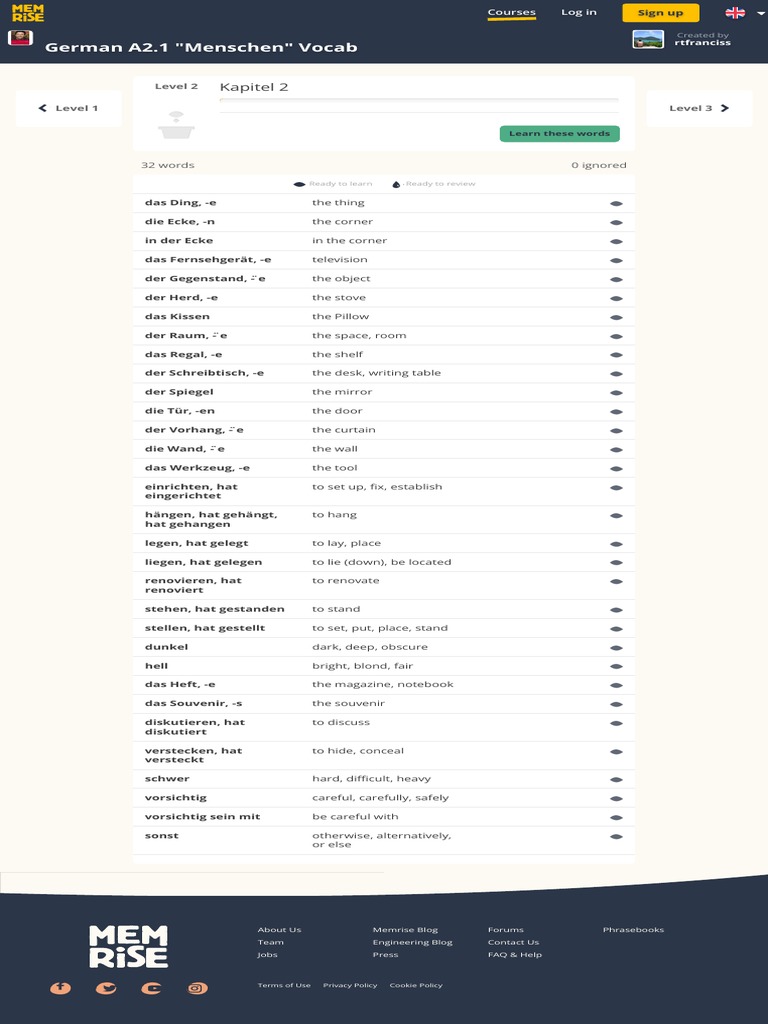 Level 2 - Kapitel 2 - German A2.1 Menschen Vocab - Memrise | PDF