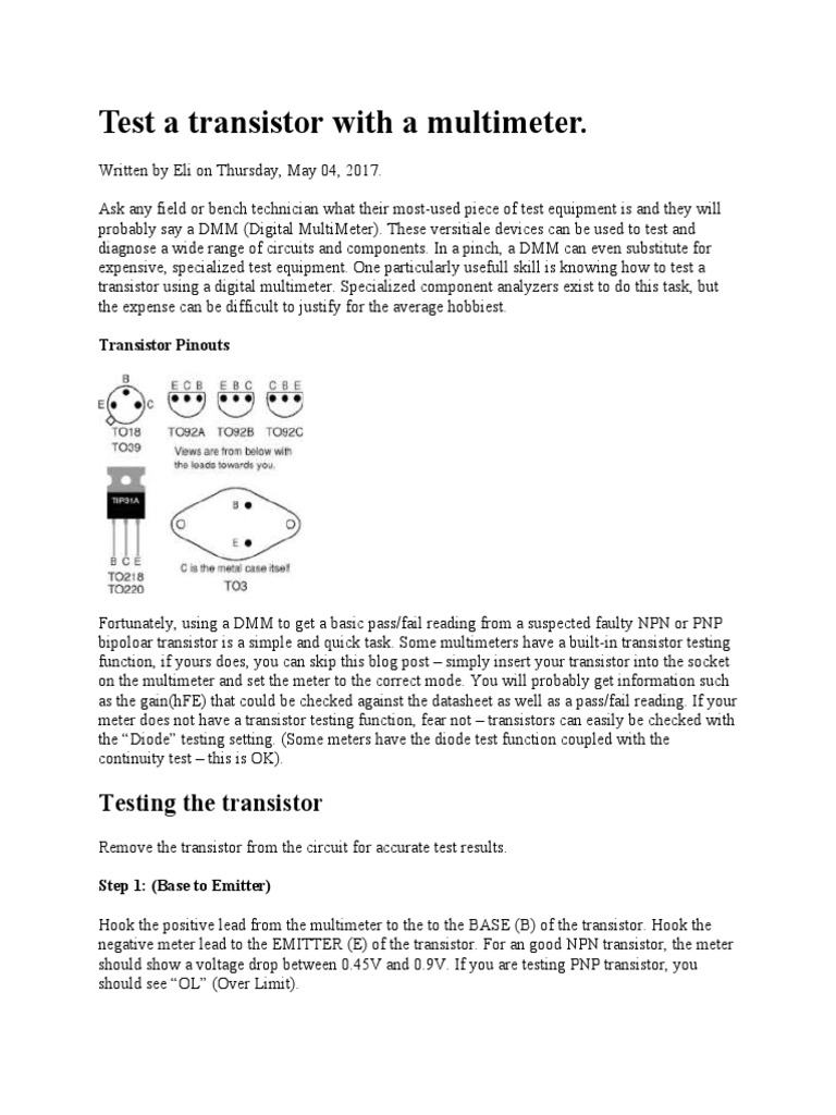 Test A Transistor With A Multimeter | PDF | Bipolar Junction Transistor ...