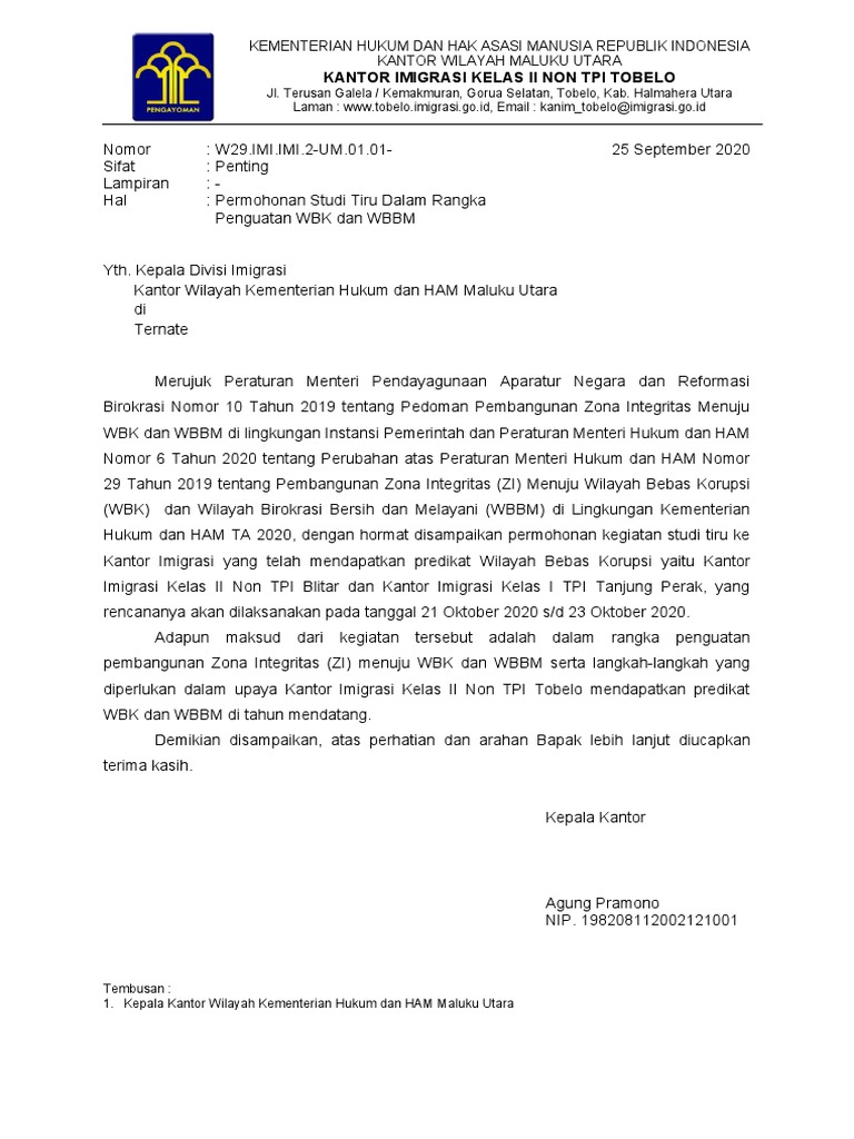 Permohonan Studi Tiru Dalam Rangka WBK Dan WBBM | PDF