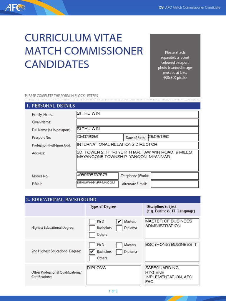 Encl - AFC MC CV Form - Editable | PDF | Academic Degree | Bachelor's Degree