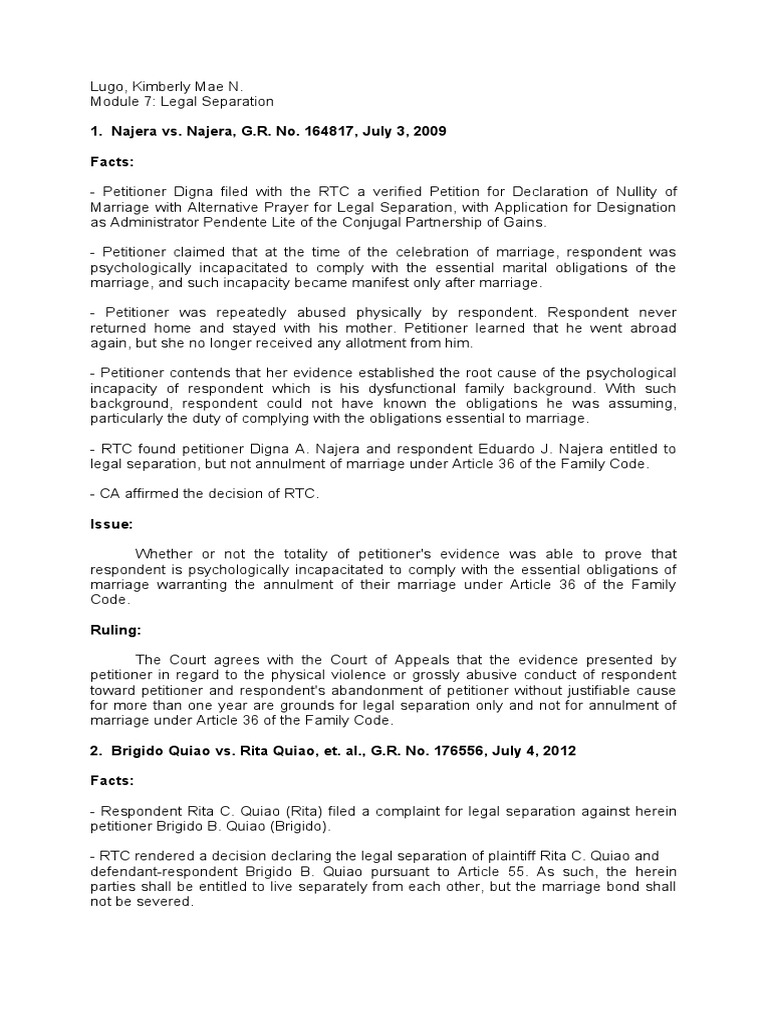 Module 7 - Legal Separation Case Digest - Atty. Valencia PFR | PDF | Injunction | Complaint