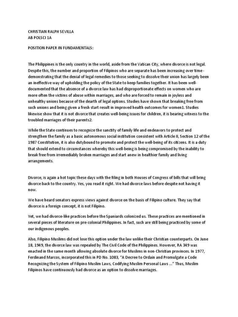 Divorce Bill Position Paper | PDF | Divorce | Philippines