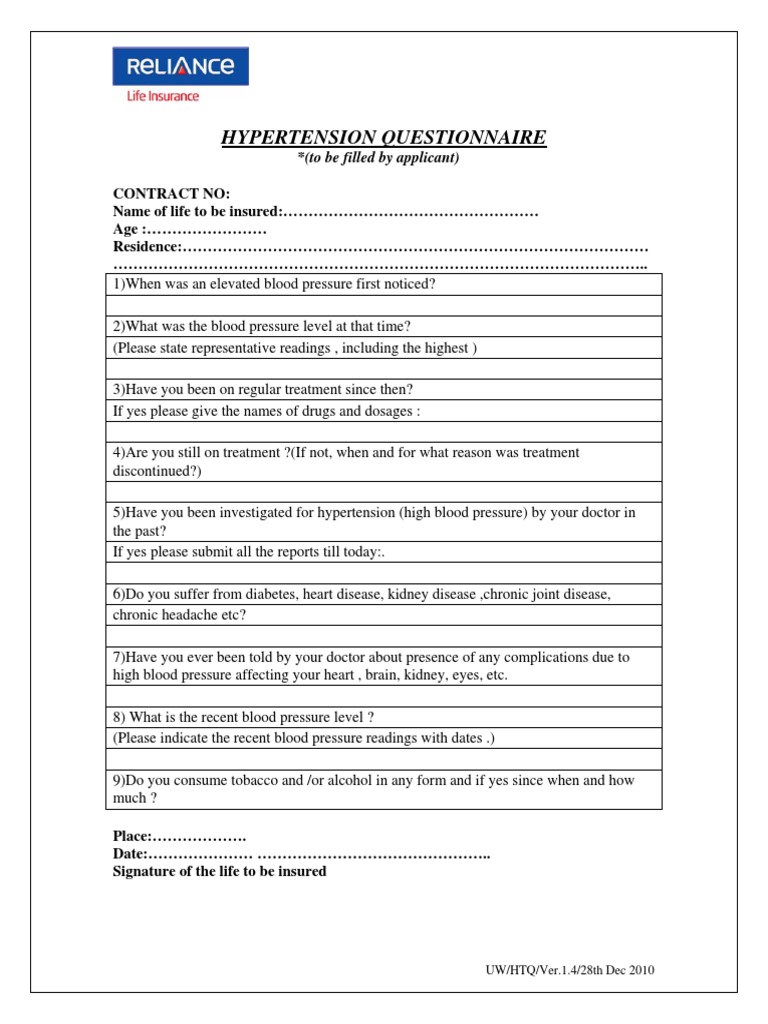 Hypertension Health Questionnaire | PDF