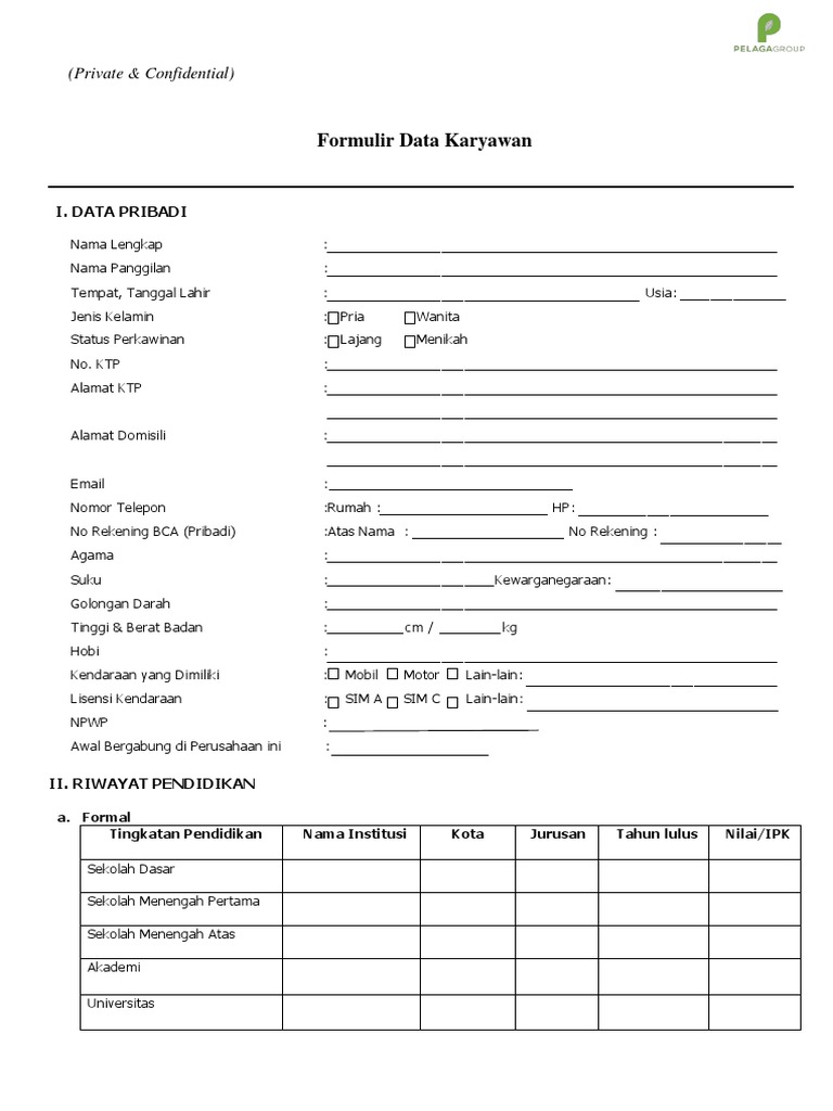 Form Data Karyawan Pelaga Group | PDF