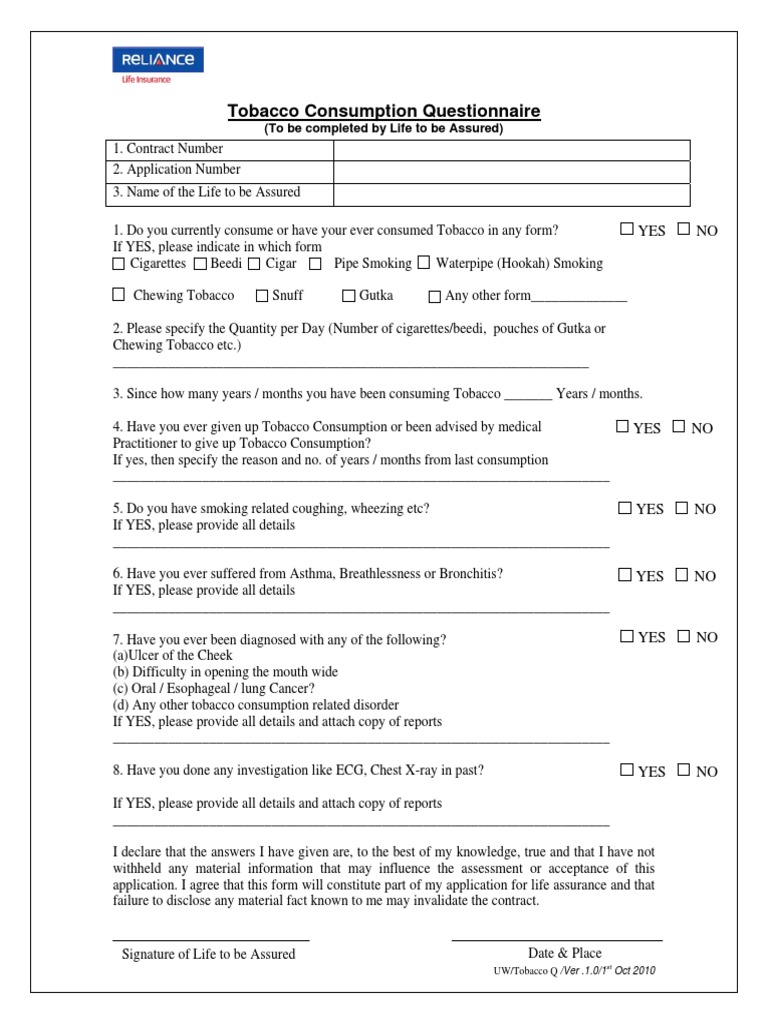 Tobacco Consumption Questionnaire | PDF | Tobacco | Smoking