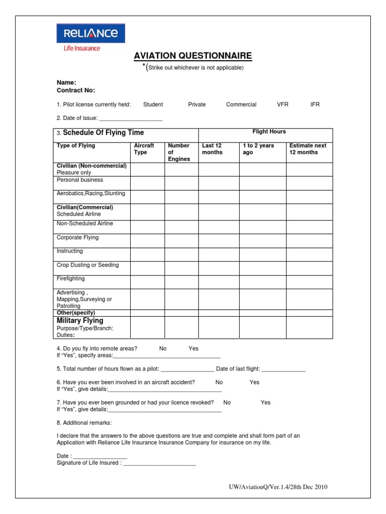 Aviation - Questionnaire (Non Medical) | PDF