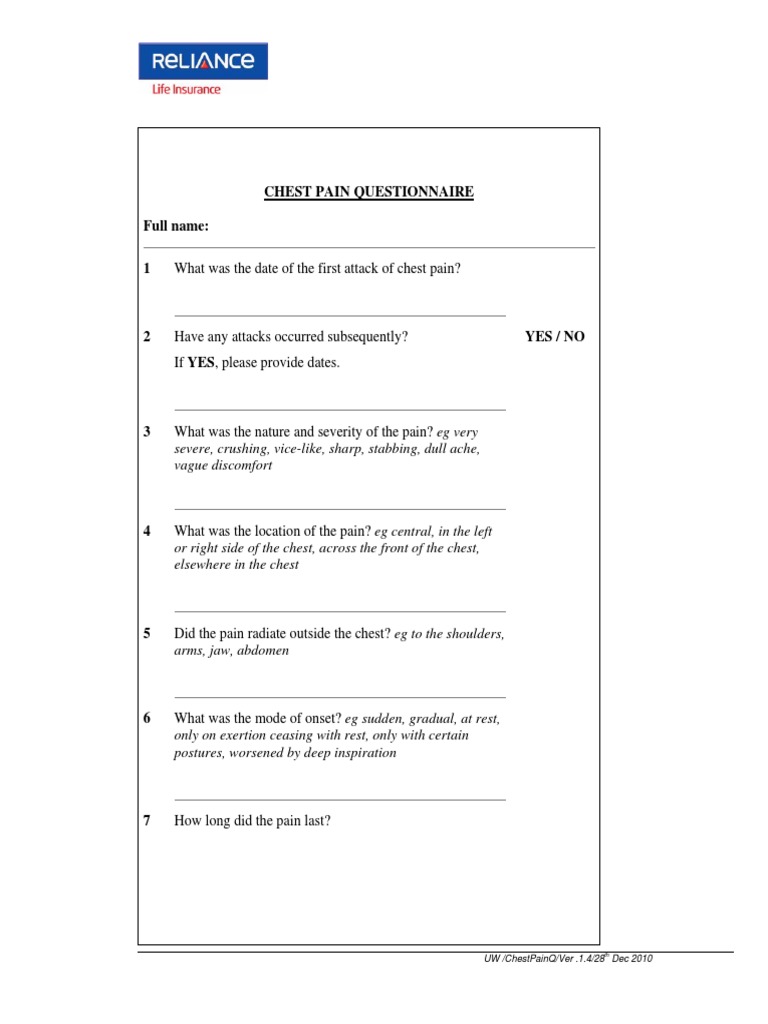 Chest Pain Questionnaire Form | PDF