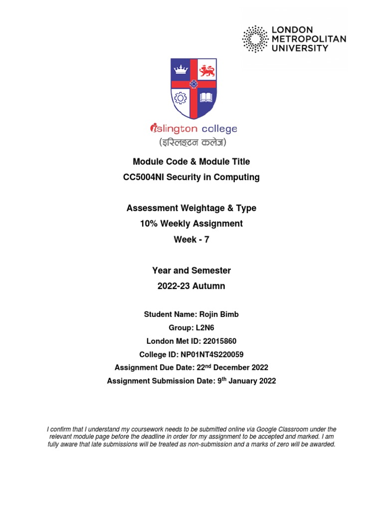 Module Code & Module Title CC5004NI Security in Computing | PDF | Cryptography | Encryption