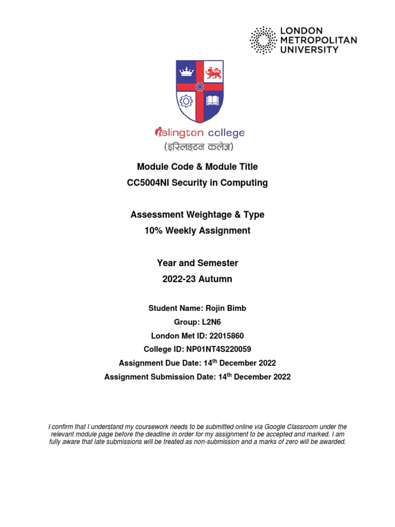 Module Code & Module Title CC5004NI Security in Computing | PDF | Encryption | Cipher