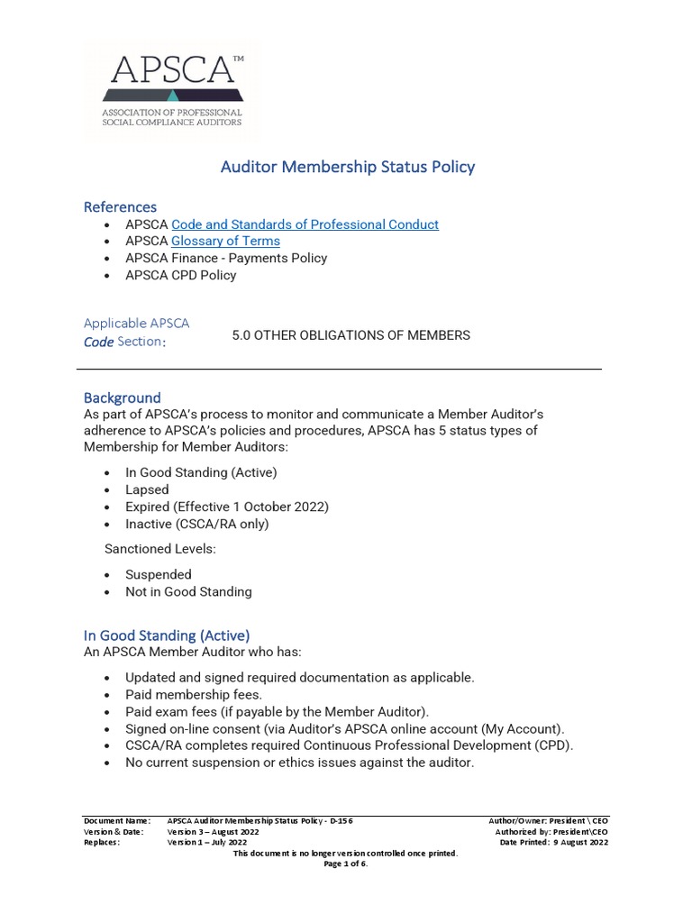 APSCA Auditor Membership Status Policy D 156 | PDF | Audit | Business
