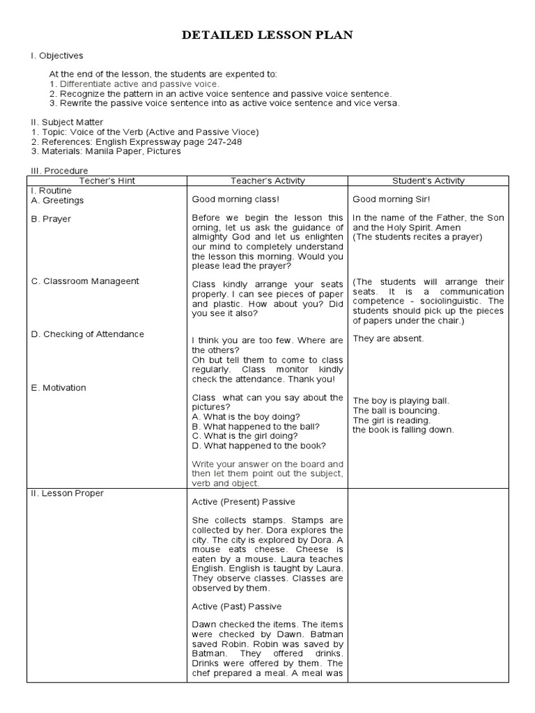 Detailed Lesson Plan Active and Passive Voice | PDF | Subject (Grammar ...