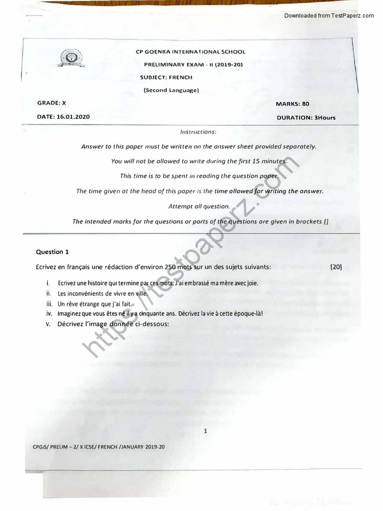 CPGoenka ICSE10 French Prelim-II 2019-20 | PDF