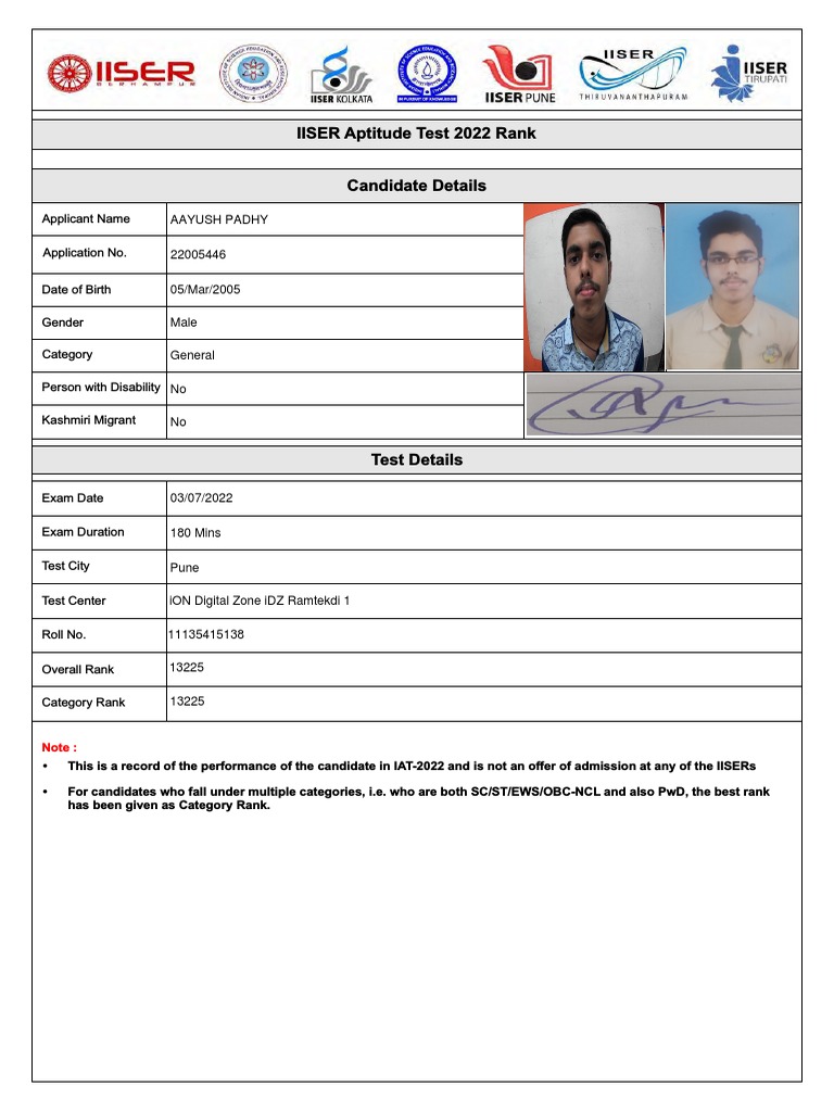 IISER Aptitude Test 2022 Rank: Aayush Padhy | PDF