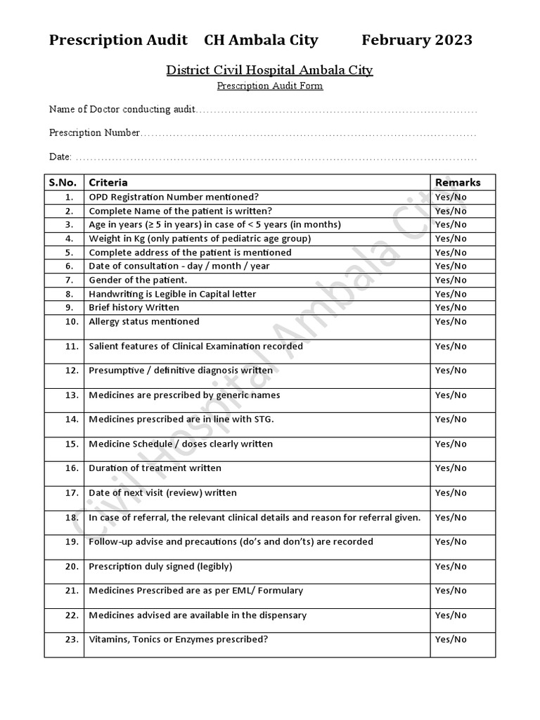 Precription Audit Format | PDF | Medical Prescription | Medical Specialties
