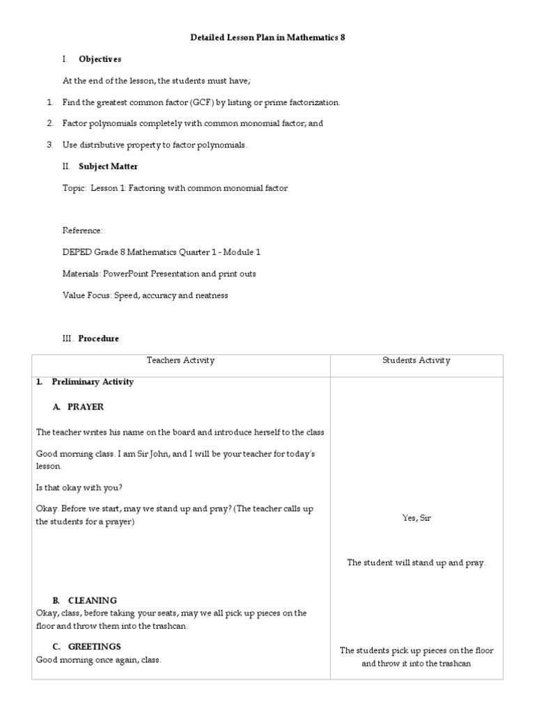 Detailed Lesson Plan In Monomial Factor Pdf Factorization Polynomial 6922