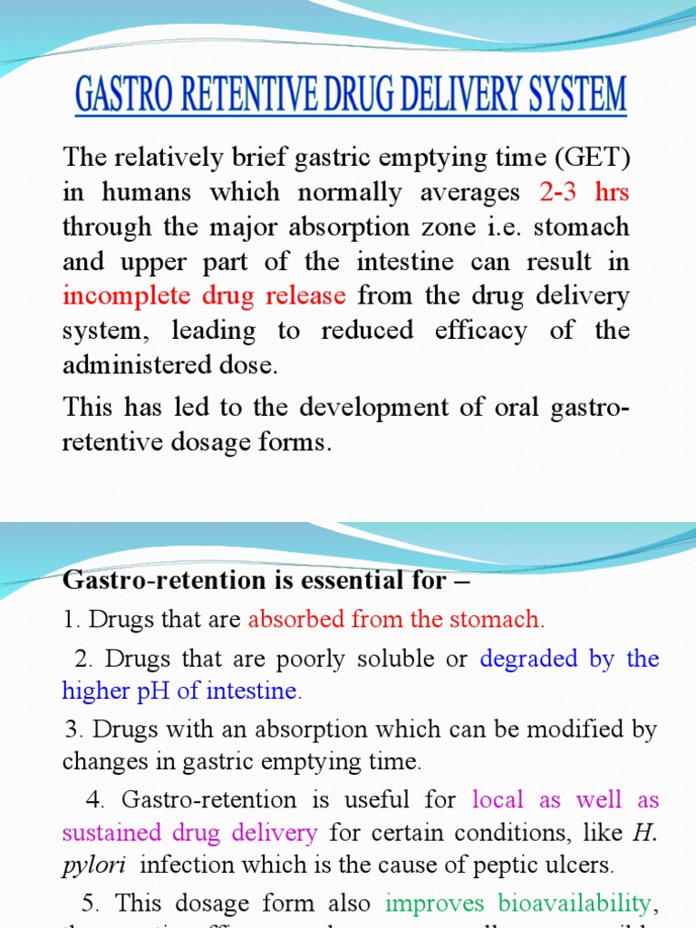 Gastro Retentive Drug Delivery System | PDF | Stomach ...
