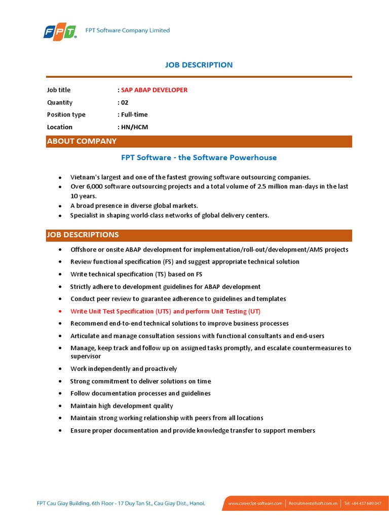 FPT Software SAP ABAP Developer - Final | PDF | Outsourcing | Specification (Technical Standard)