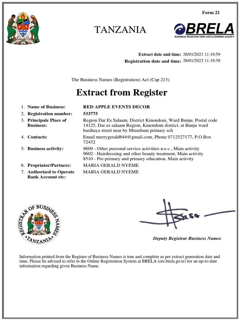Tanzania: Extract From Register | PDF