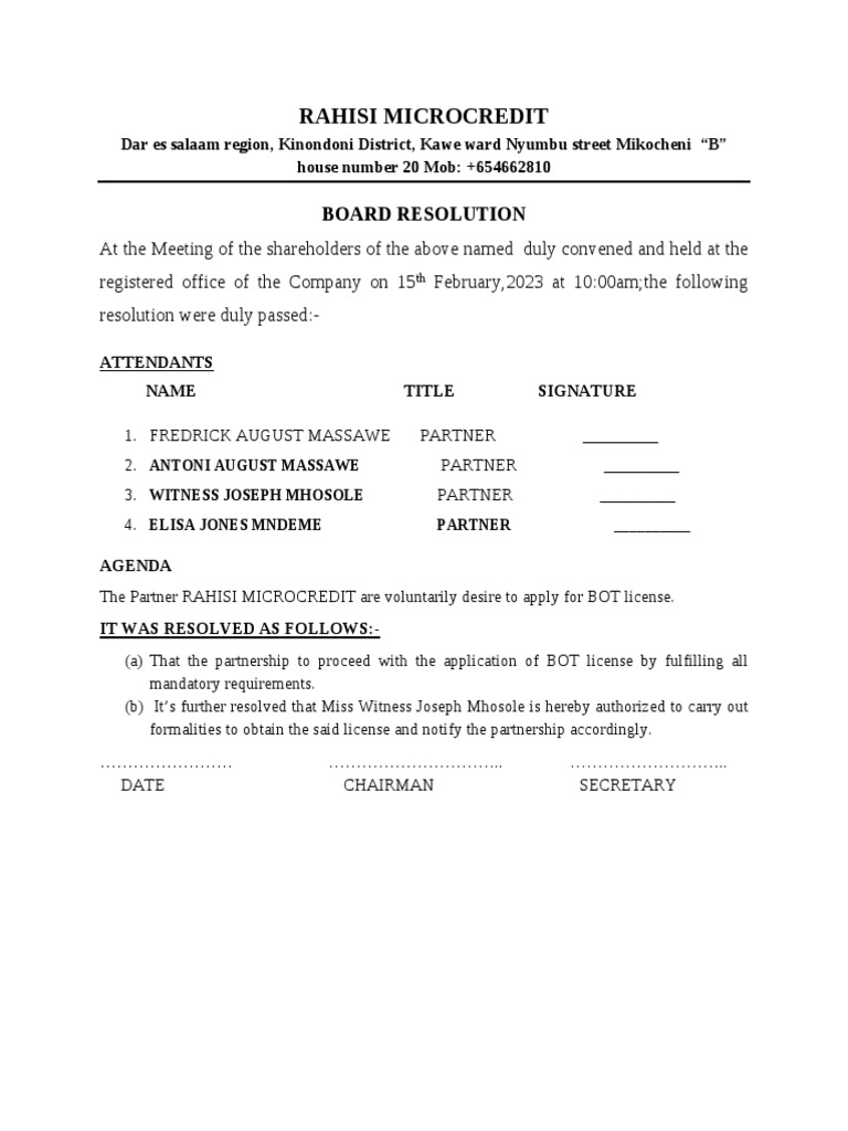 Board Resolution - RAHISI - Docx2 | PDF