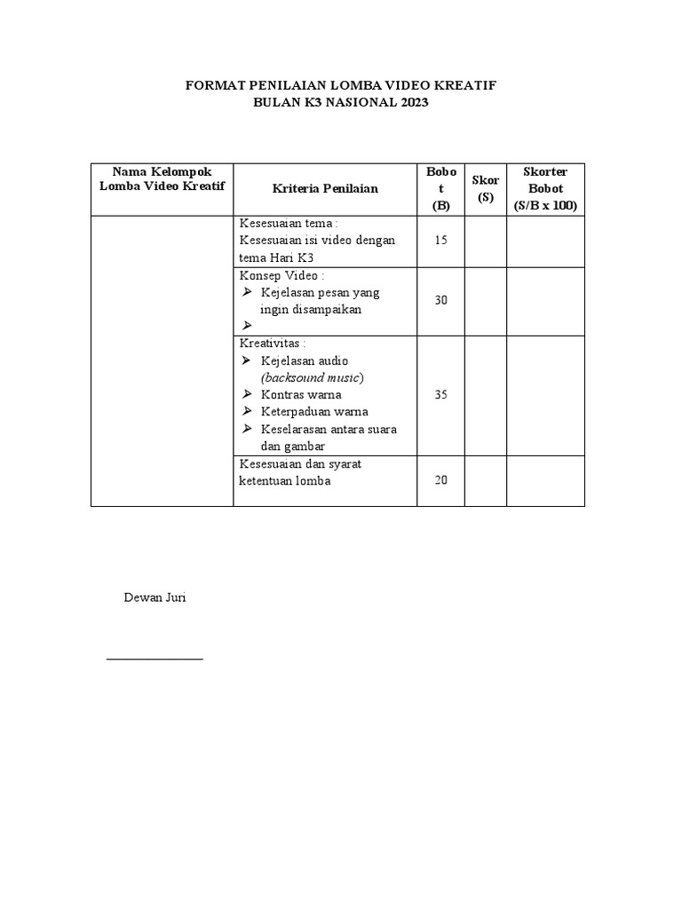Format Penilaian Lomba Video Kreatif | PDF