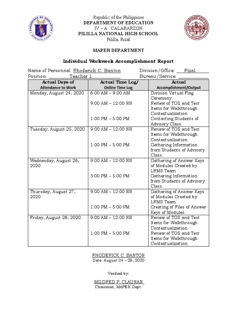 MAPEH Teacher Weekly Accomplishment Report | PDF | Workweek And Weekend ...