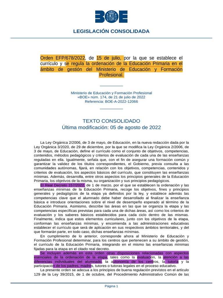 BOE Orden EFP678 Primaria Currículo 2022 PAG 55 EFISICA | PDF ...