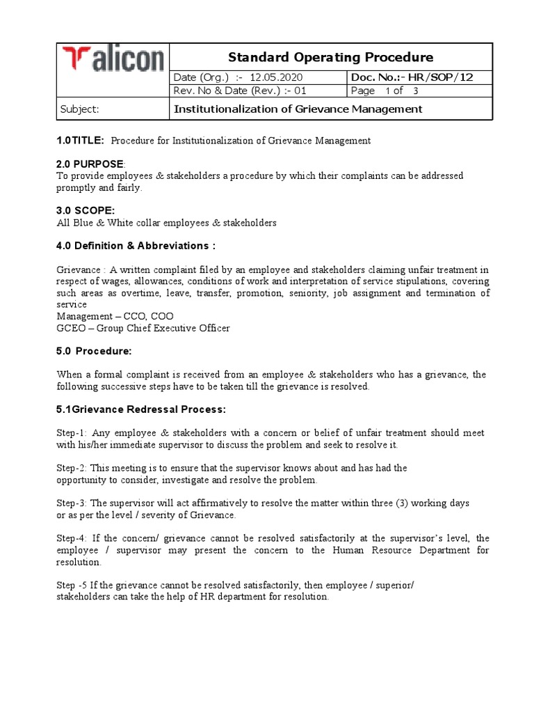 Grievance Management SOP Overview | PDF | Employment | Government