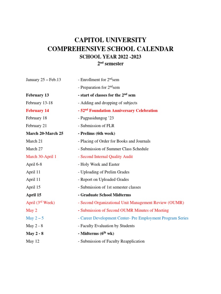 Capitol University 2022-2023 2nd Semester Calendar | PDF | Academic ...