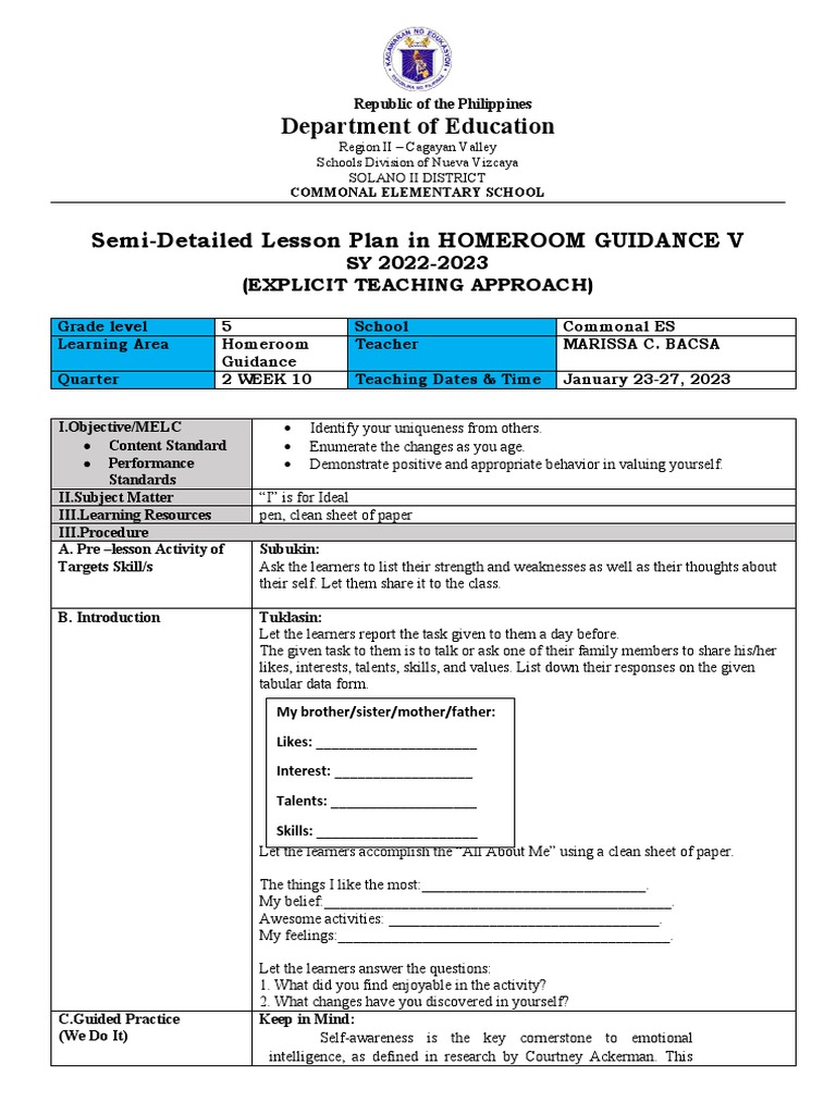 Grade 5 Homeroom Guidance Lesson Plan | PDF | Thought | Learning