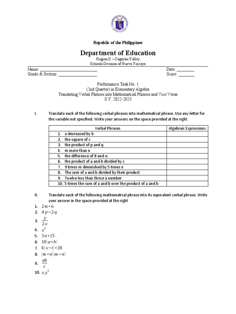 Performance Task q2 EA | PDF | Algebra | Inequality (Mathematics)