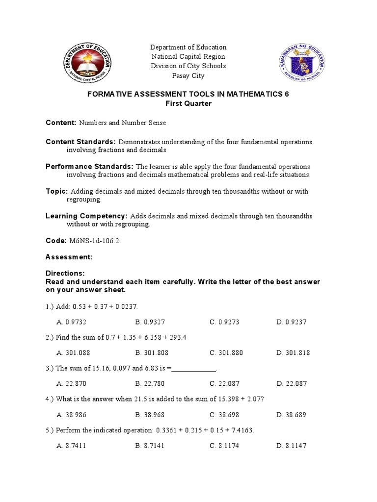 Worktext in Mathematics 6 (1st To 4rth) | PDF | Learning | Decimal