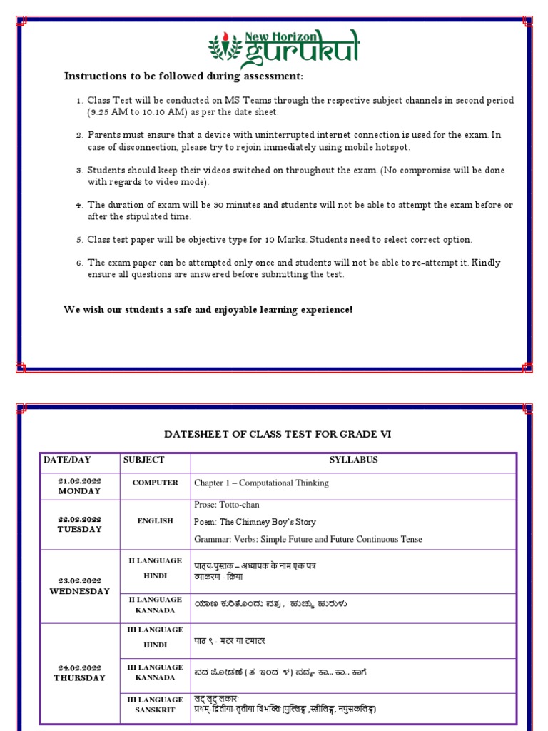 Datesheet of Term II Class Test Grade Vi-1 | PDF | Linguistics ...