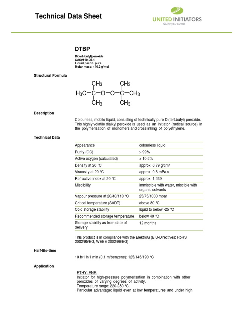 United Initiators DTBP TDS PO EN | PDF | Polymerization | Liquids