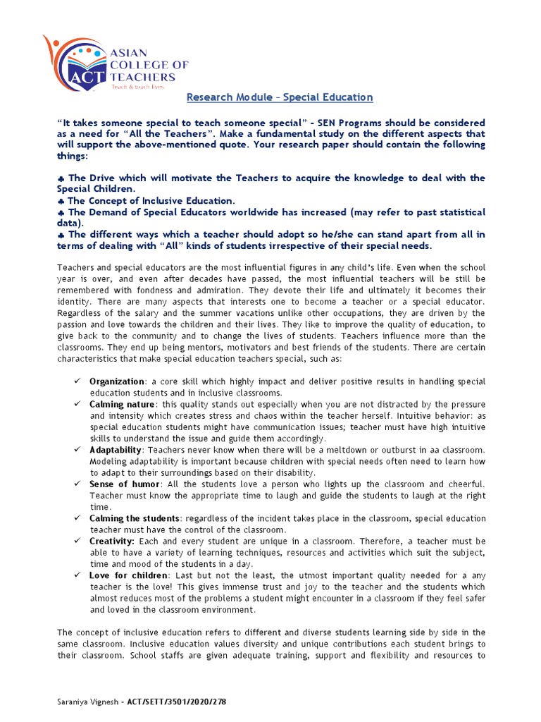SEN Research Module Saraniya Vignesh | PDF | Teachers | Inclusion ...
