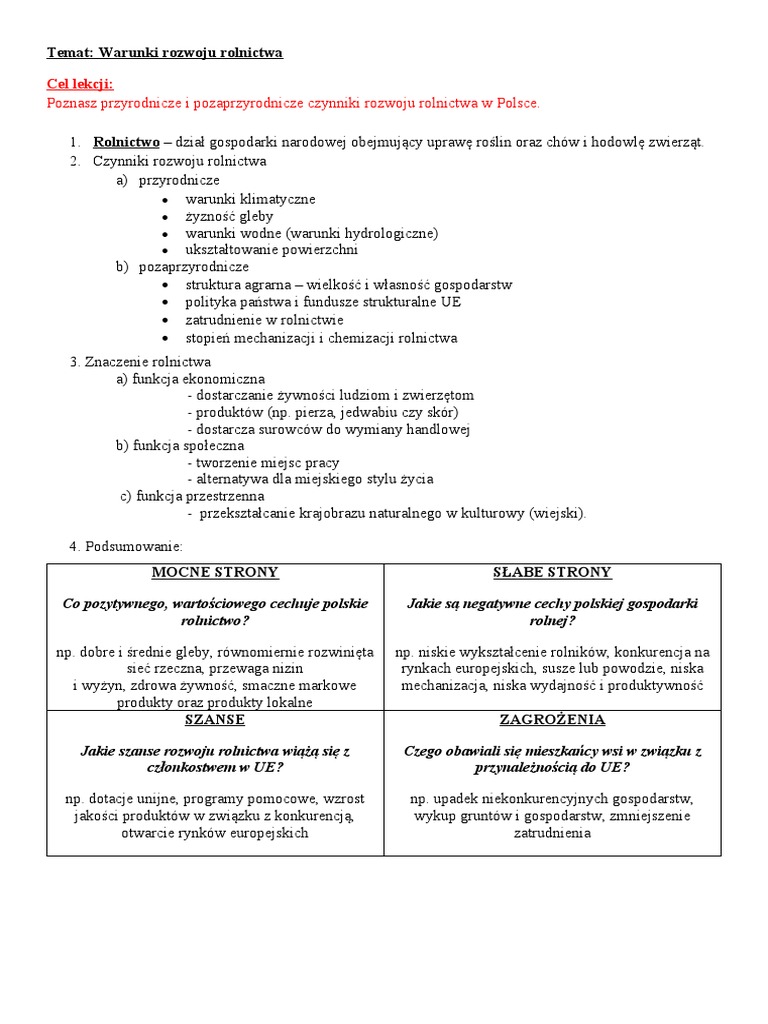 1 Notatka Z Zajęć - Warunki Rozwoju Rolnictwa - Geografia Klasa 7 | PDF