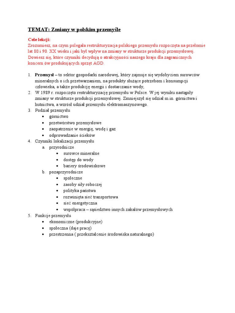 4 Notatka Z Lekcji - Zmiany W Polskim Przemyśle | PDF