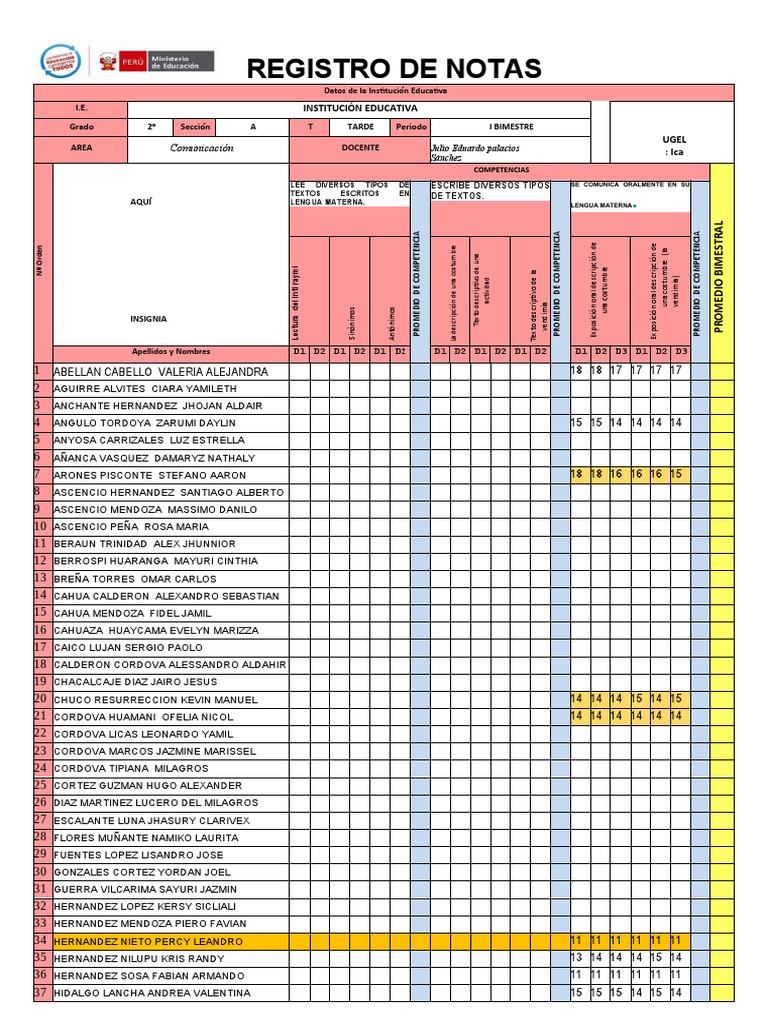 REGISTRO DE NOTAS Primero | PDF