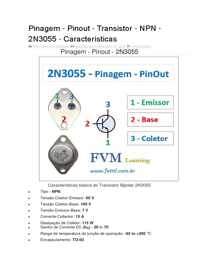 Pinagem - Pinout - Transistor - NPN - 2N3055 - Características | PDF ...