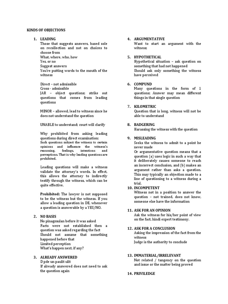 KINDS OF OBJECTIONS IN COURT | PDF | Witness | Question